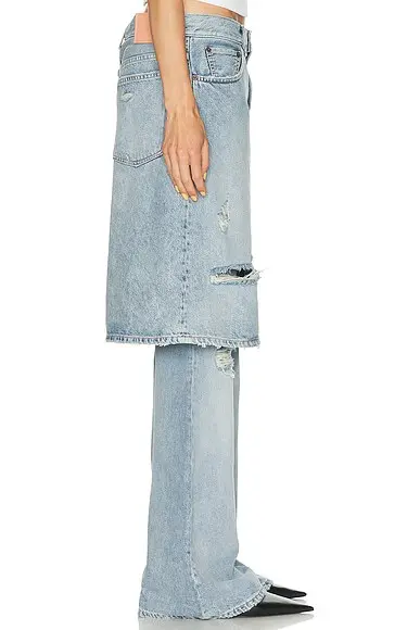 Acne Studios Pert Light Crow Wide Leg Denim Jeans With Layered Skirt Detail