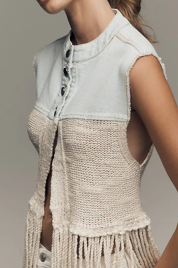 PILCRO Fringed Denim Crop Sweater Vest