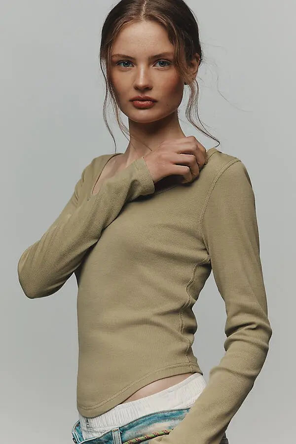 PILCRO Notched Long-sleeve T-shirt - Elm