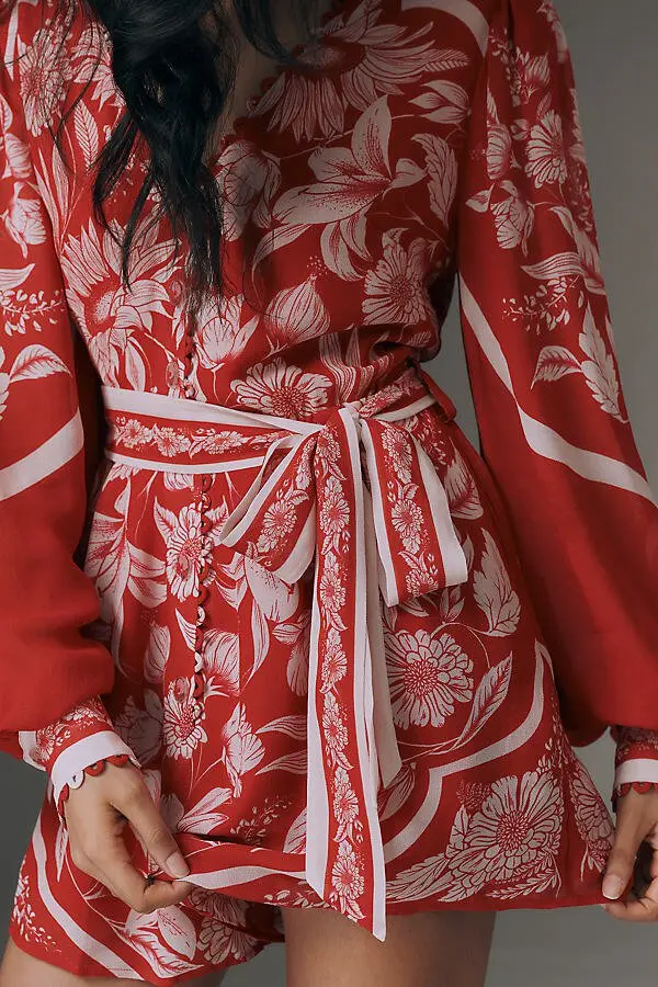 Farm Rio Belted V-neck Balloon-sleeve Romper