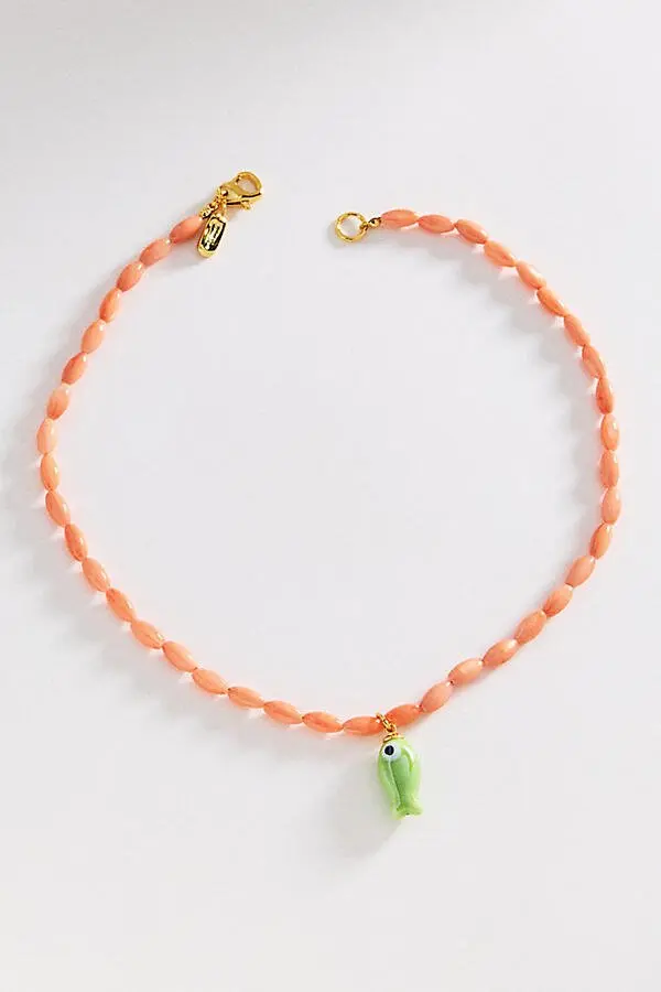 LOGAN TAY Beaded Fish Pendant Necklace - Coral