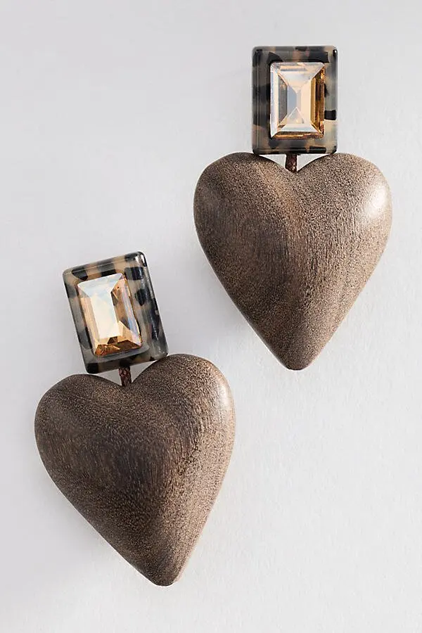 Anthropologie Wood Heart Earrgs - Brown