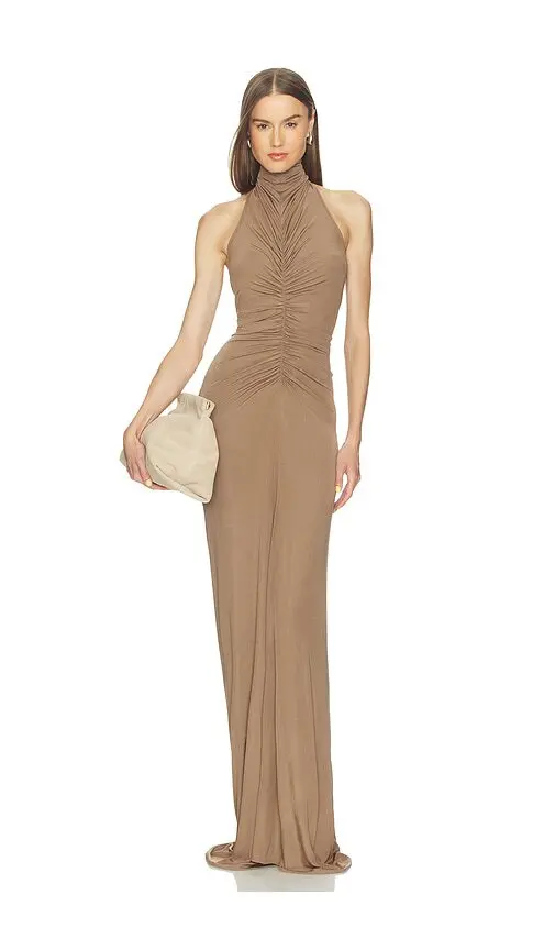 Atlein Halter Neck Front Ruched Gown - Tan