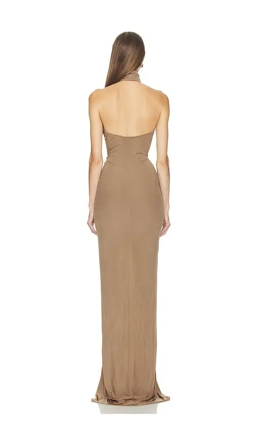 Atlein Halter Neck Front Ruched Gown - Tan