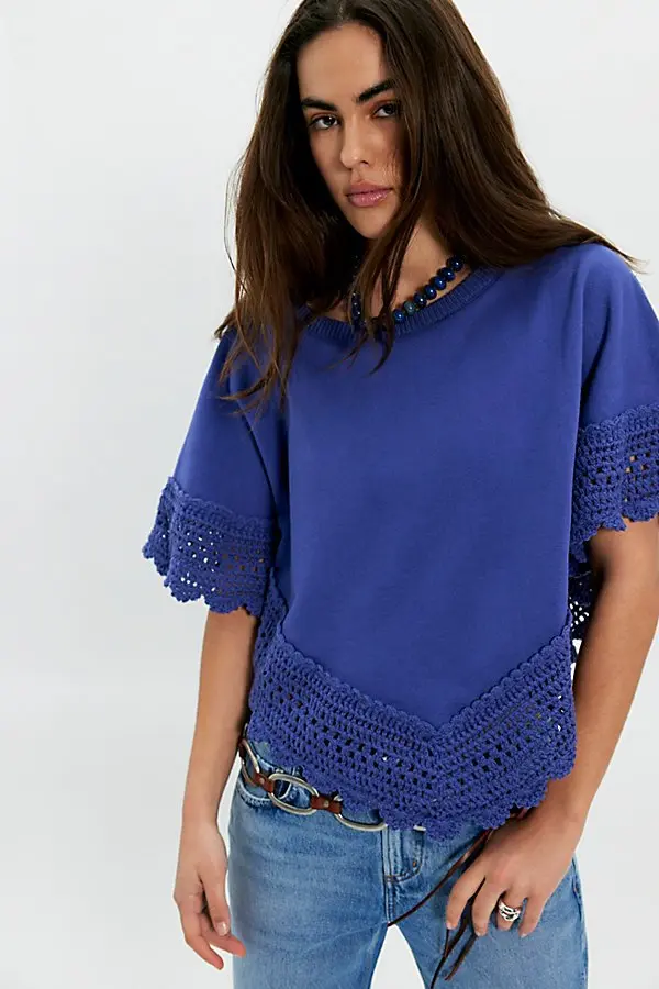 Free People Crochet-trimmed Sweatshirt - Skipper Blue