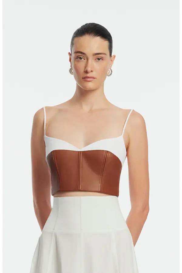 Lela Rose Cotton Poplin And Leather Bustier