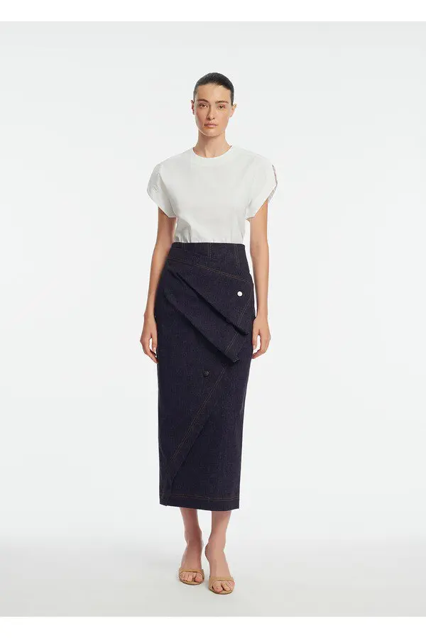 Lela Rose Stretch Denim Ruffle Skirt