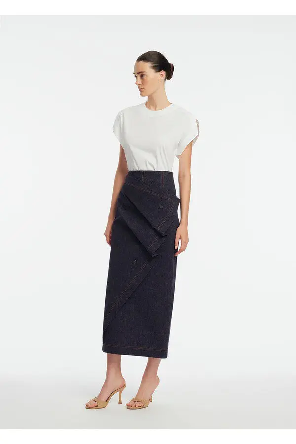 Lela Rose Stretch Denim Ruffle Skirt