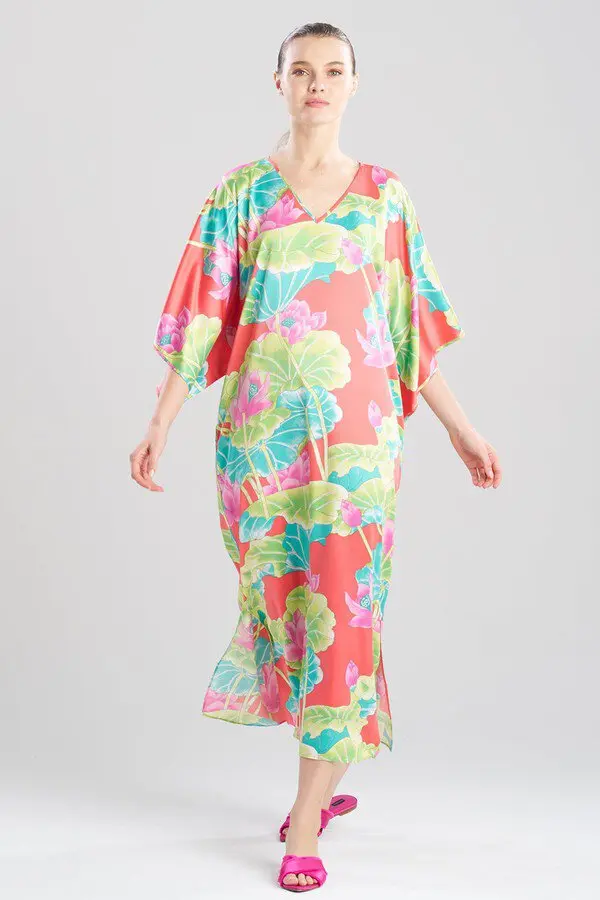 Natori Ascendant Lotus Printed Satin Caftan - Pink