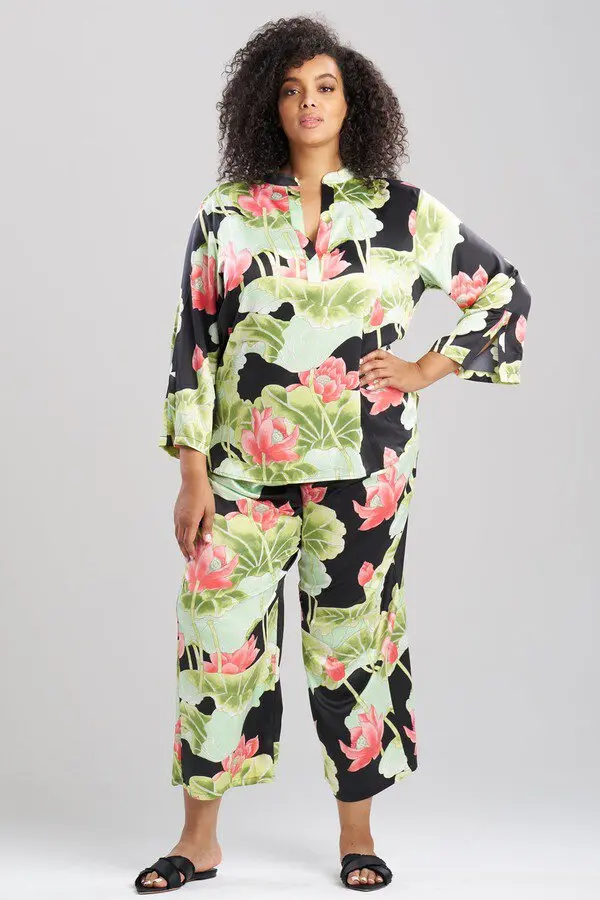 Natori Ascendant Lotus Printed Satin Mandarin Pj Set - Black