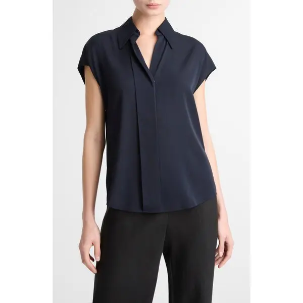 Vince Cap Sleeve Silk Button-up Shirt - Coastal