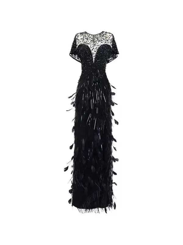 GEMY MAALOUF Beaded Feather Corset Dress - Black