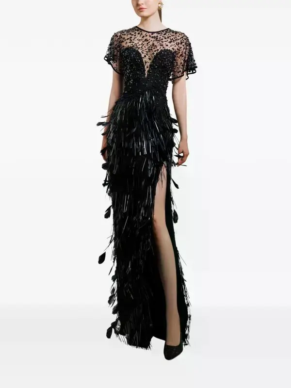 GEMY MAALOUF Beaded Feather Corset Dress