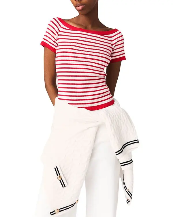 Maje Striped Knit Boat Neck Top - Red