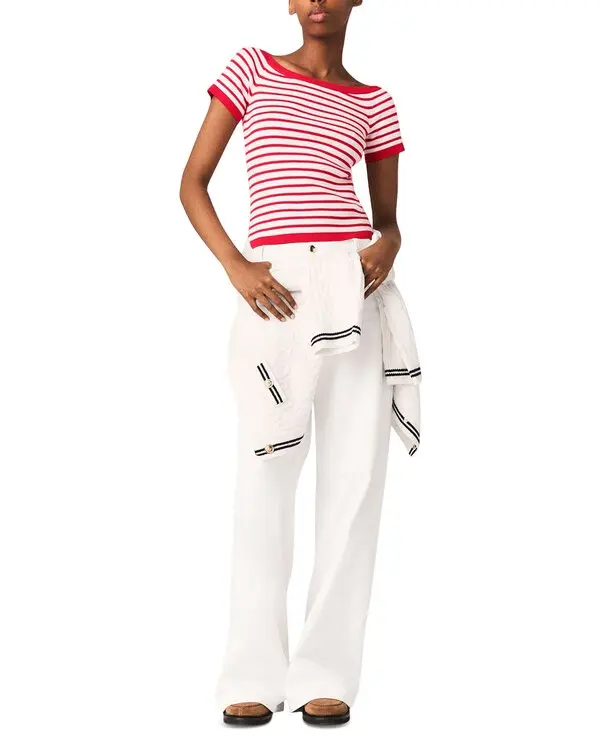 Maje Striped Knit Boat Neck Top - Red