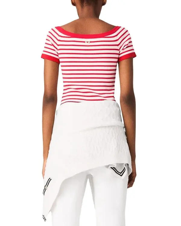 Maje Striped Knit Boat Neck Top - Red