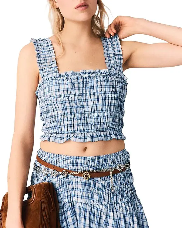 Maje Smocked Rhinestone Cotton Top - Blue Check Print