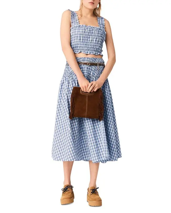 Maje Smocked Rhinestone Cotton Top - Blue Check Print