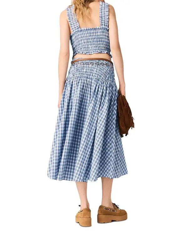 Maje Smocked Rhinestone Cotton Top - Blue Check Print