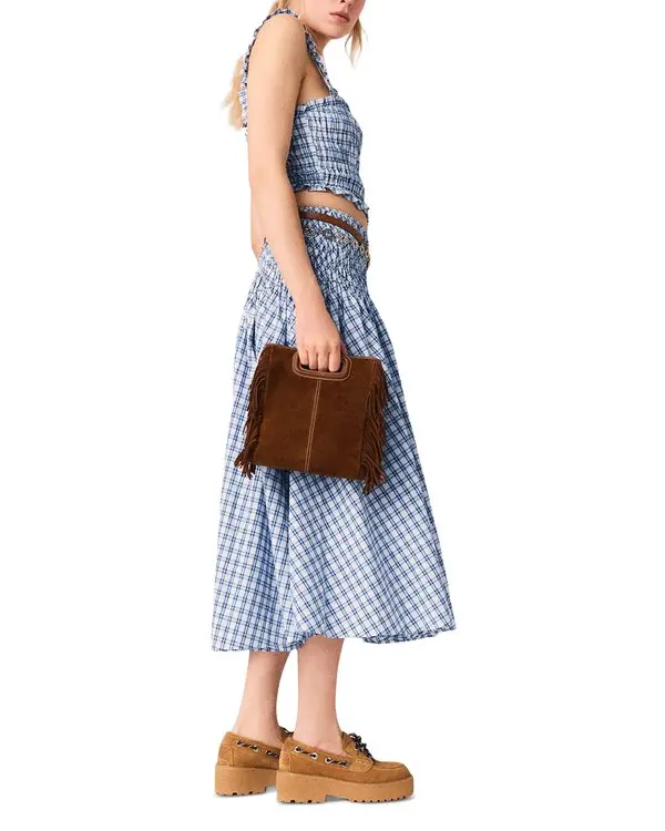 Maje Smocked Rhinestone Cotton Top - Blue Check Print