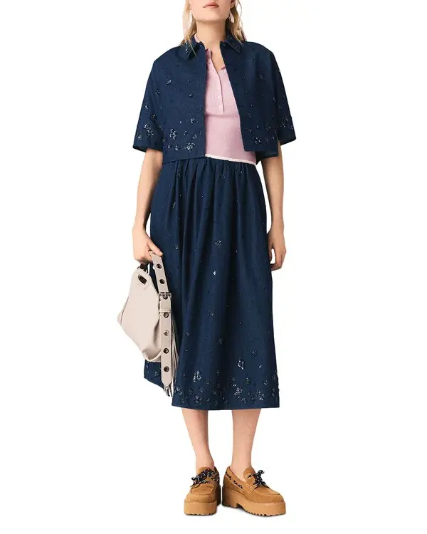 Maje Embroidered Cropped Denim Shirt - Navy