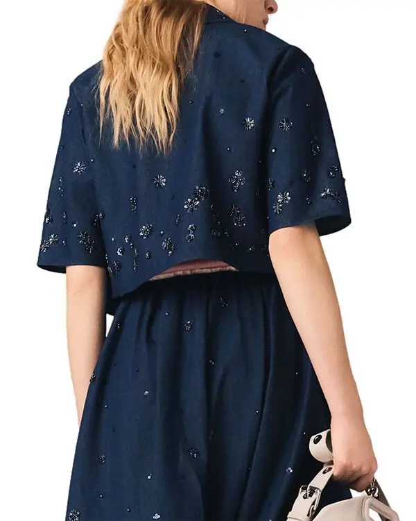 Maje Embroidered Cropped Denim Shirt - Navy