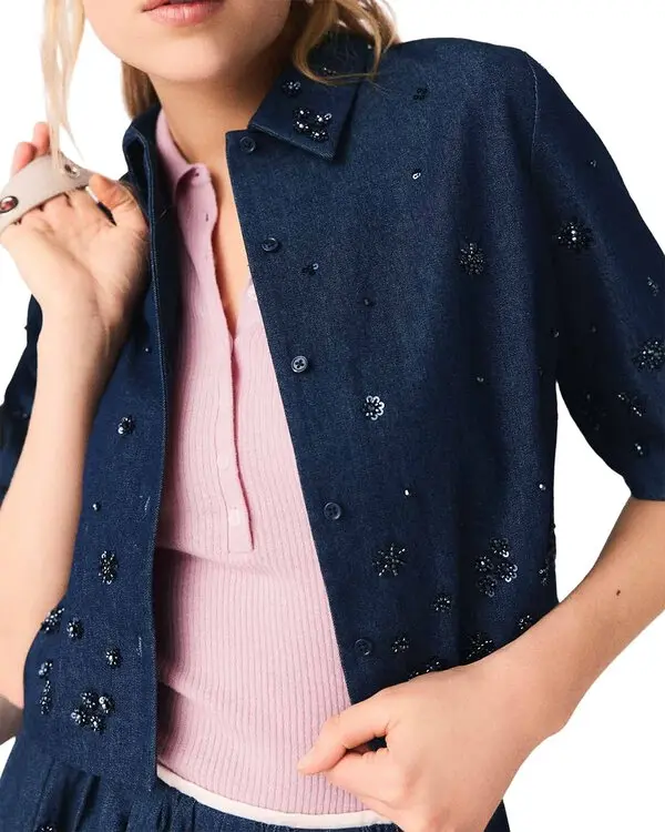 Maje Embroidered Cropped Denim Shirt - Navy
