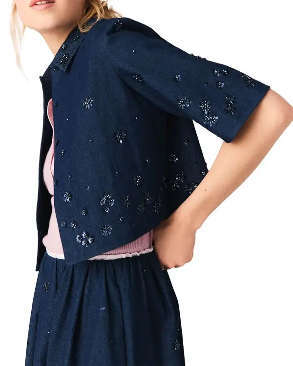 Maje Embroidered Cropped Denim Shirt - Navy