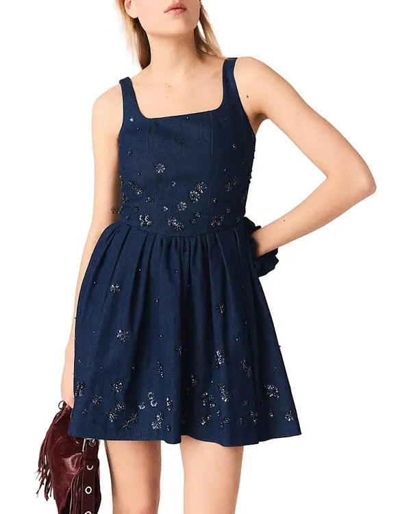 Maje Flared Embroidered Denim Dress - Navy