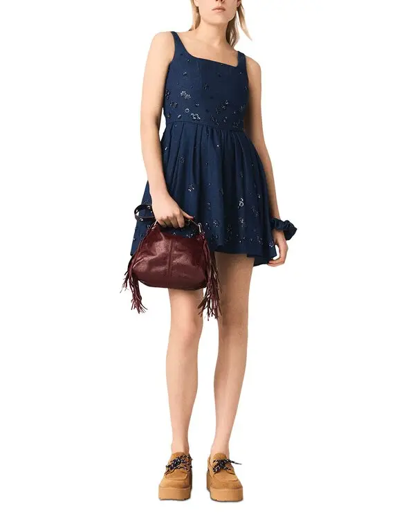 Maje Flared Embroidered Denim Dress