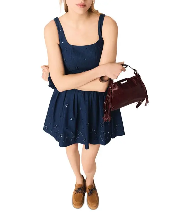 Maje Flared Embroidered Denim Dress
