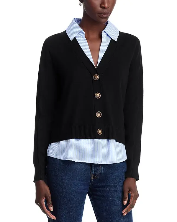SIONI Collared Layered Cardigan - Black/ Stripe
