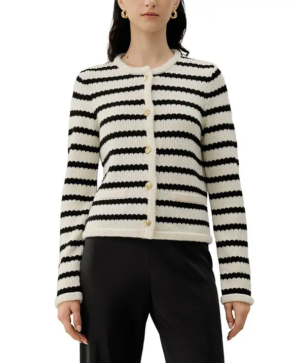 Lilysilk Striped Crochet Washable-wool Cardigan - Blackwhite Stripes