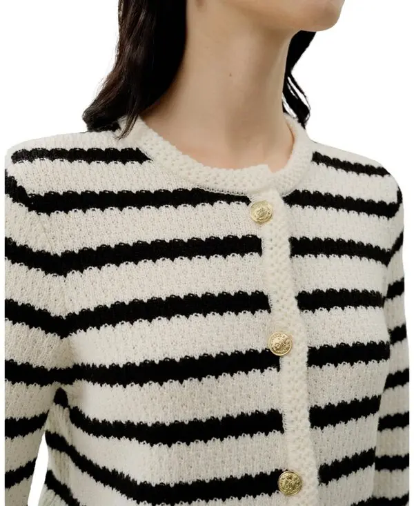 Lilysilk Striped Crochet Washable-wool Cardigan - Blackwhite Stripes