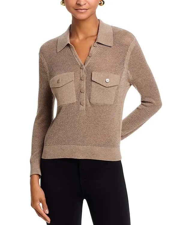 L'AGENCE Carine Pointelle Collared Sweater - Mushroom