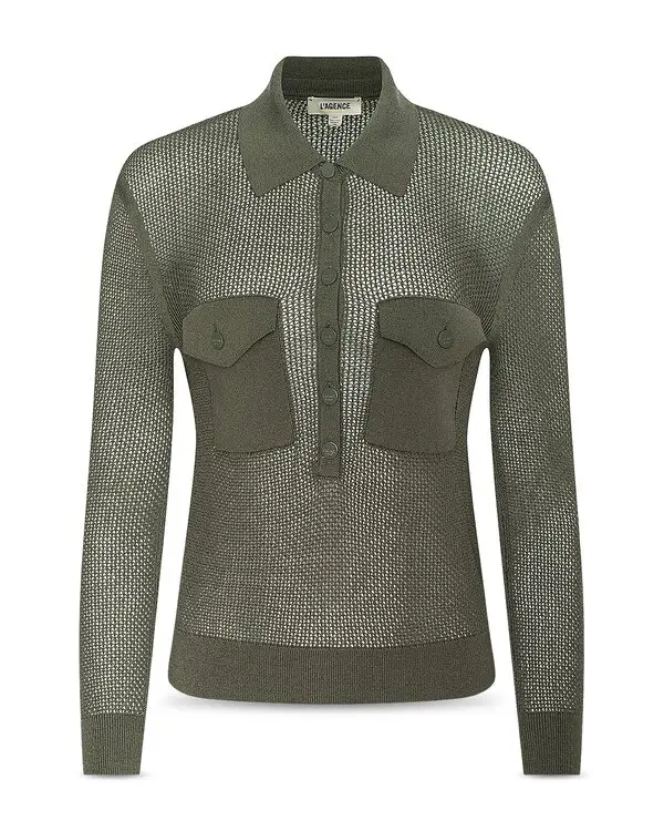 L'Agence Carine Pointelle Collared Sweater - Smokey Olive