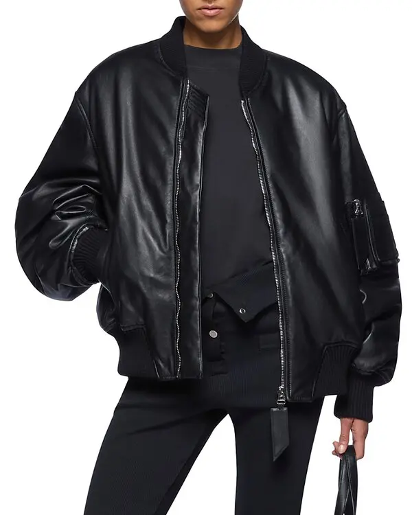 Attico Leather Bomber Jacket - Black