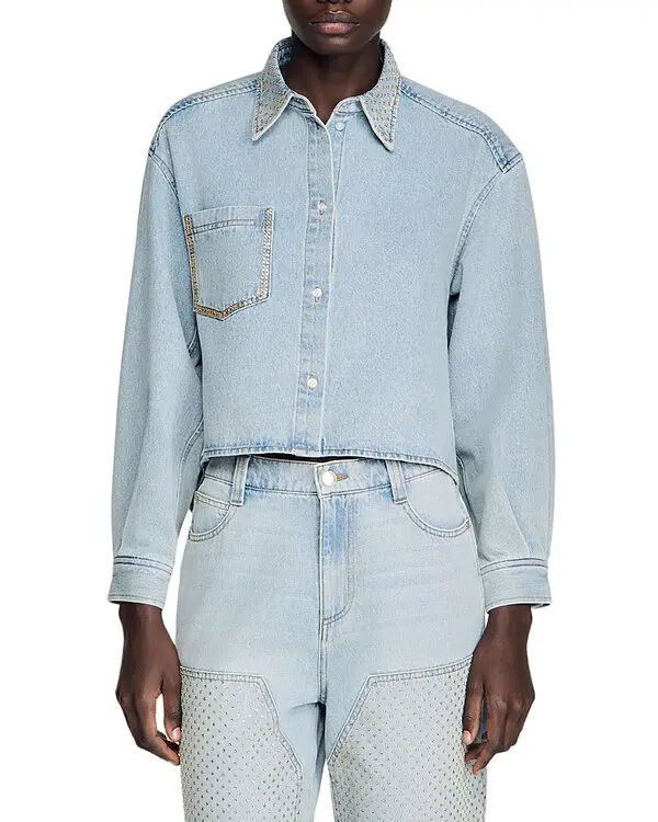 Sandro Lady Rhinestone Crop Denim Shirt