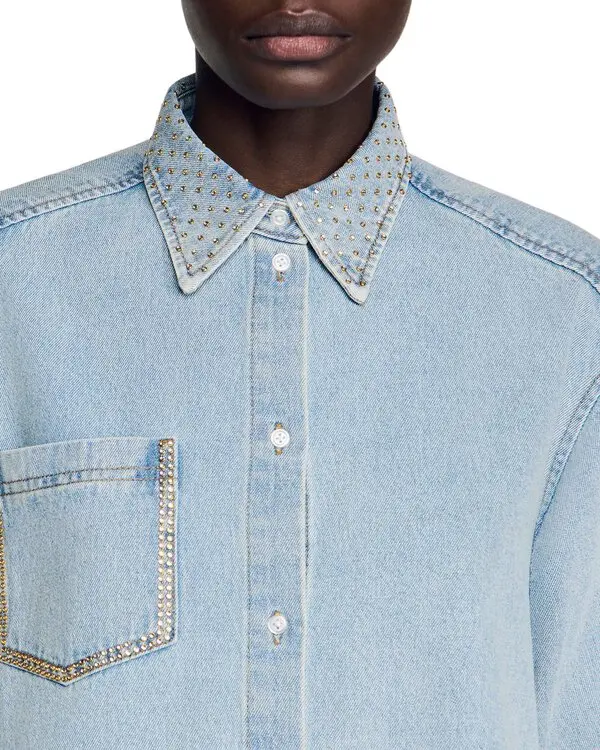 Sandro Lady Rhinestone Crop Denim Shirt