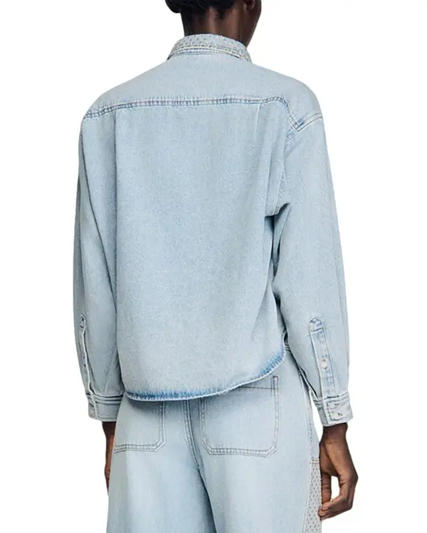 Sandro Lady Rhinestone Crop Denim Shirt - Light Blue Jean