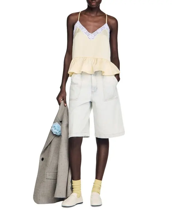 Sandro Lace Trimmed Ruffled Top - Light Yellow