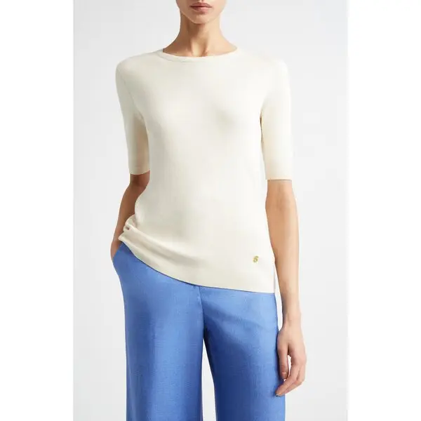 St. John Marlie Short Sleeve Silk & Cotton Sweater - Ecru