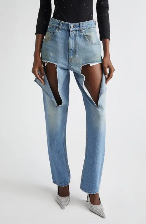 AREA Thigh Slash Straight Leg Jeans - Medium Blue