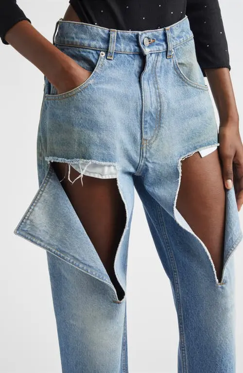 AREA Thigh Slash Straight Leg Jeans - Medium Blue