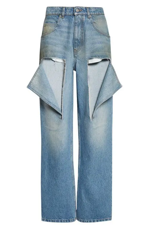 AREA Thigh Slash Straight Leg Jeans - Medium Blue