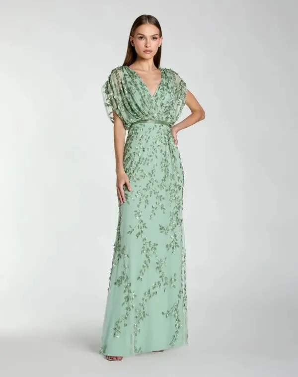 Mac Duggal Beaded V-neck Blouson Gown - Green