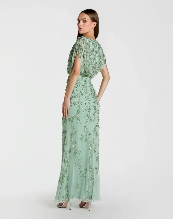 Mac Duggal Beaded V-neck Short Sleeve Blouson Gown - Green