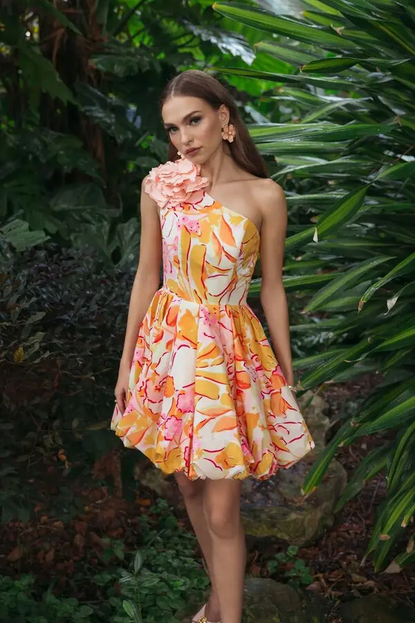 Mac Duggal One Shoulder Faille Mini Dress - Sunshine Multi