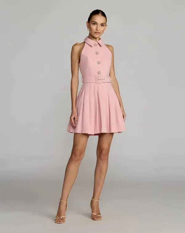 Mac Duggal Pleated A-line Mini Dress With Pearl Button Detail - Pink