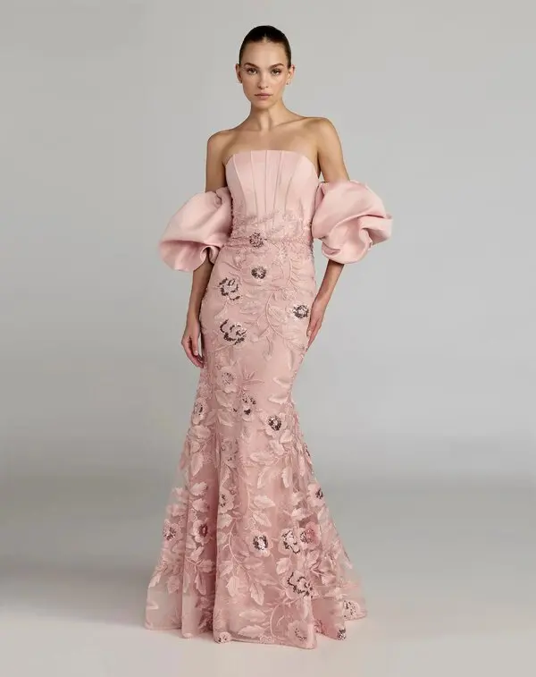 Mac Duggal Off-the-shoulder Mermaid Gown With Puff Sleeves And Embroidery - Pink